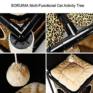 BORUIMA Cat Houses for Indoor Cats Tower House Combined with Cat Bed Cube, Peek Holes, Scratching Post & Dangling Toy