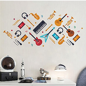 Music Instruments Decor Wall Decals for School Classroom,Guitar Drum Oboe Bass Decor Wall Stickers for Kids Room, Remove Vinyl Wallpaper Mural for Nursery