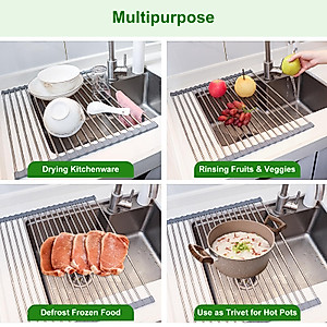 Liangmall Dish Drying Rack Expandable Up to 23.6", Roll Up Over The Sink Dish Drying Rack, Extra Large Stainless Steel Multipurpose Kitchen Sink Drainer - 23.6"(L) x 15.7"(W)