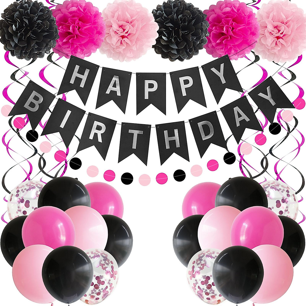 ANSOMO Pink and Black Happy Birthday Party Decorations for Girls Women Banner Hot Pink Balloons Pom Poms Swirls Décor Supplies 13th 16th 18th 20th 30th 40th 50th 60th 70th 80th