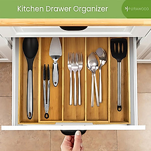Premium Bamboo Silverware Organizer - Expandable Kitchen Drawer Organizer and Utensil Organizer, Perfect Size Cutlery Tray with Drawer Dividers for Kitchen Utensils and Flatware (3-5 Slots) (Natural)
