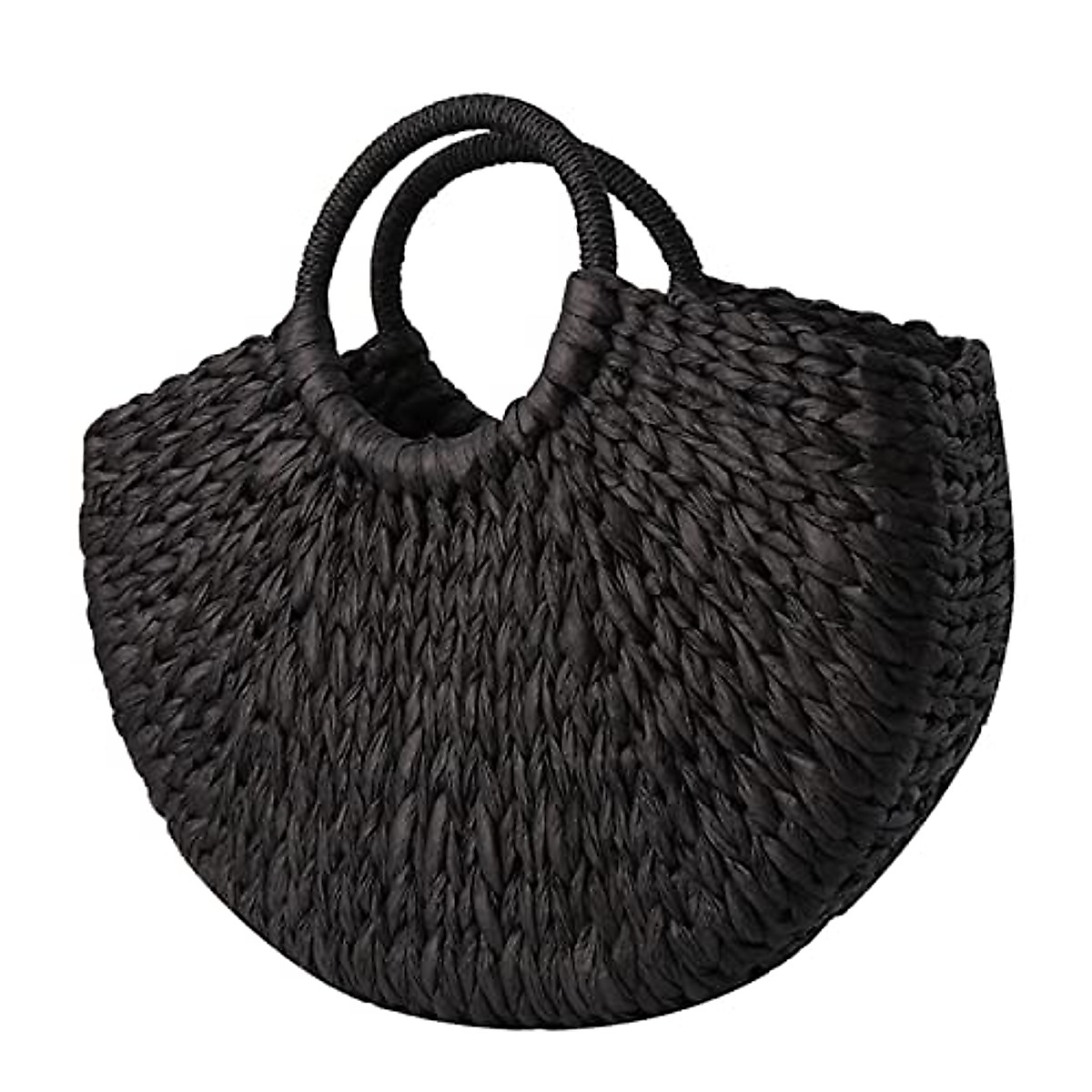 JUNYY Summer Beach Round Bucket Tote Bag For Women Woven Straw Bag Handmade Bohemian Rattan Handbag(Black)