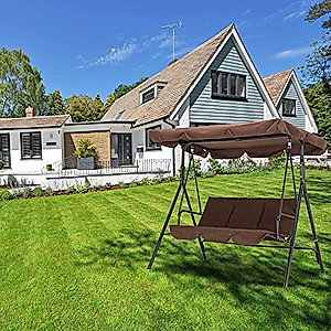 Outdoor Patio Swing Chair, 3-Seater Outdoor Adjustable Canopy Swing Glider, Weather Resistant Powder Coated Steel Frame, Suitable for Patio, Garden, Poolside, Balcony (Coffee)