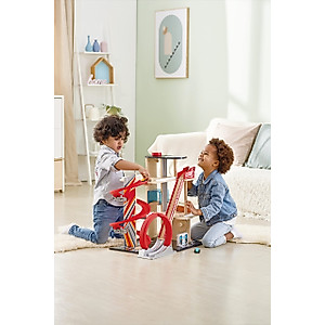 Hape Gearhead Stunt Garage Kids Wooden Toy Car Parking Garage Playset w/Elevator and 2 Exit Tracks, Detachable Loop, Includes 2 Wooden Toy Racecars