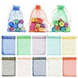 Renashed 100Pcs Moon Stars Sheer Organza Bags with Drawstring 10 Colors, Wedding Favor Bags Jewelry Gift Bags for Wedding Party Valentine's Day, Festival Organza Bags (5 * 7inch/ 13 * 18cm)