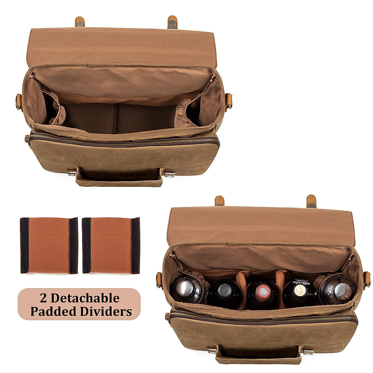 LoDrid Portable Bartender Bag for Bar Kits, Vintage Genuine Leather Waxed Canvas Travel Bar Case with Thick Inner Dividers and Adjustable Shoulder Strap for Cocktail Making, Bag Only,(Patent Design)