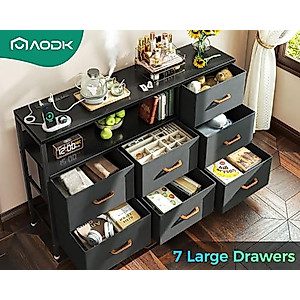 AODK Dresser with Charging Station, 52 Inches Long Dresser for Bedroom with 7 Large Fabric Drawers, Dresser TV Stand with Open Shelves for 55-Inch TV for Living Room, Dark Grey and Black