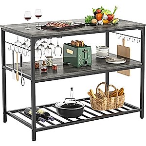 Homieasy Kitchen Island with Wine Glass Holder, Industrial Wood and Metal Coffee Bar Wine Rack Table, 3 Tier Spacious Kitchen Prep Table Extended Counter with Hooks Easy to Assemble, Black Oak
