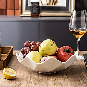 STE-CER 10" Wave Decorative Fruit Bowl for Kitchen Counter,Salad Bowls and Platters,Large Seving Bowls for Pasta,Salad, Candy, Set of 2（White Ceramic Bowl Modern）