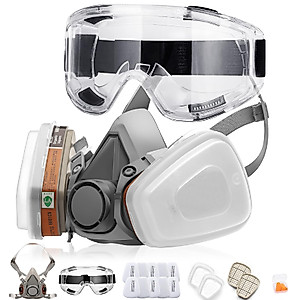 RANKSING Professional 6200 Half Facepiece Reusable Respirator Active Carbon Set with Anti-Fog Safety Goggle 10 Filters 2 Cartridges 2 Earplugs 2 Covers for Dust/Organic Vapors/Smells/Fumes/Sawdust/Asbestos for Painting,Staining,Spraying,Sanding,Cutting,Po