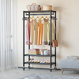 VIPEK R1 Medium Rolling Clothes Rack Portable Garment Rack for Hanging Clothes, 3 Wire Shelves Freestanding Heavy Duty Clothing Racks Storage Drying Rack with Wheels, Hanging Rod, Side Hooks, Black