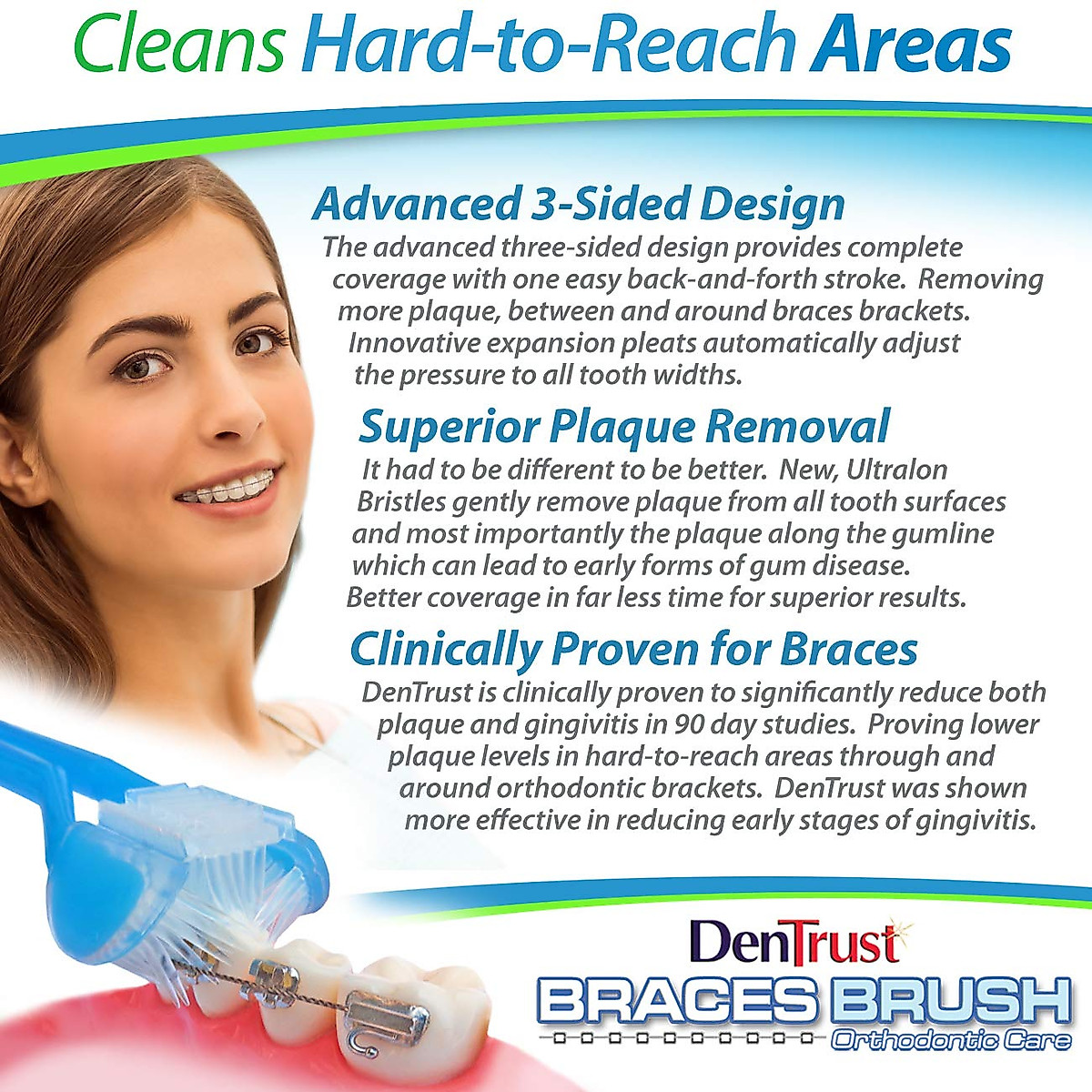 DenTrust 4PK | Braces Brush 3-Sided Toothbrush | Cleans Better Around Orthodontic Brackets | Made in America | Ultra Soft Gentle Heads | Built-in Tongue Cleaner for Fresh Breath