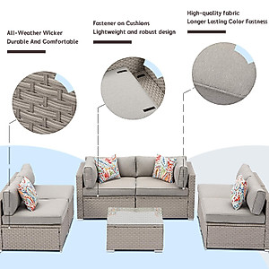 SUNBURY 7-Piece Outdoor Sectional Wicker Sofa in Gray Cushions, Gray Wicker Patio Furniture Set w Glasstop Table for Backyard Garden Porch