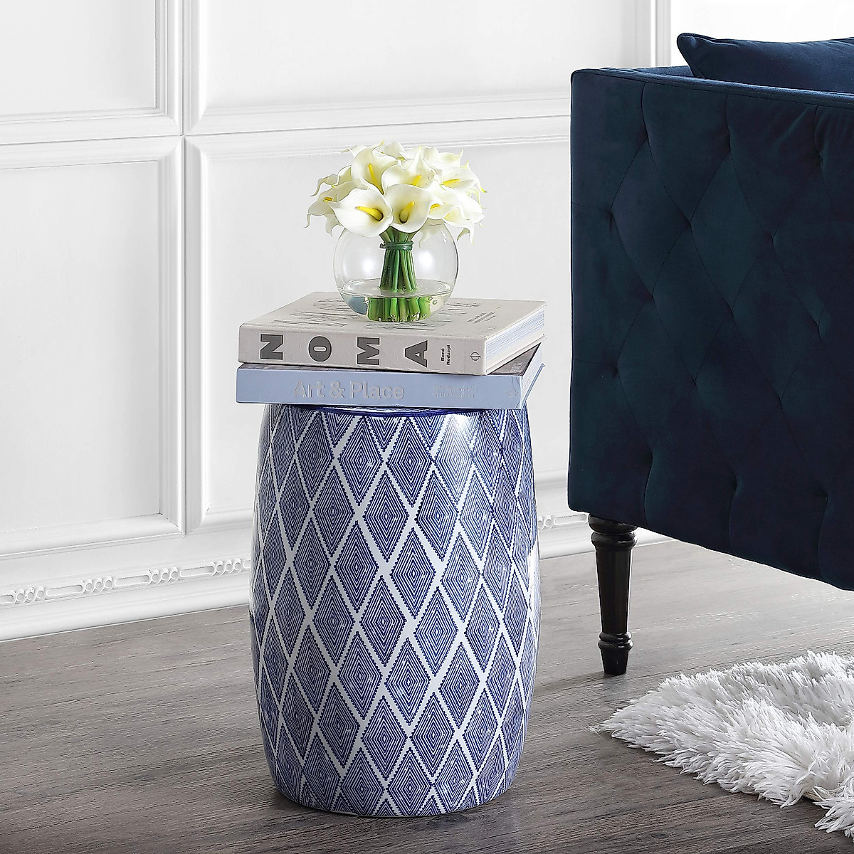JONATHAN Y TBL1019A Moroccan Diamonds 18" Ceramic Drum Garden Stool, Coastal, Contemporary, Transitional, Side Table, Plant Stand, Spill-Proof, Living Room, Garden Room, Patio, Blue/White