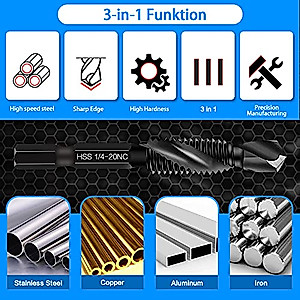 6 Packs Combination Drill & Taps Bit Set, Screw Tapping in SAE Size 6-32nc 8-32nc 10-32nc 10-24nc 12-24nc 1/4-20nc with Anti-Rust Black Coating, 1/4” Hex Shank and Storage Case