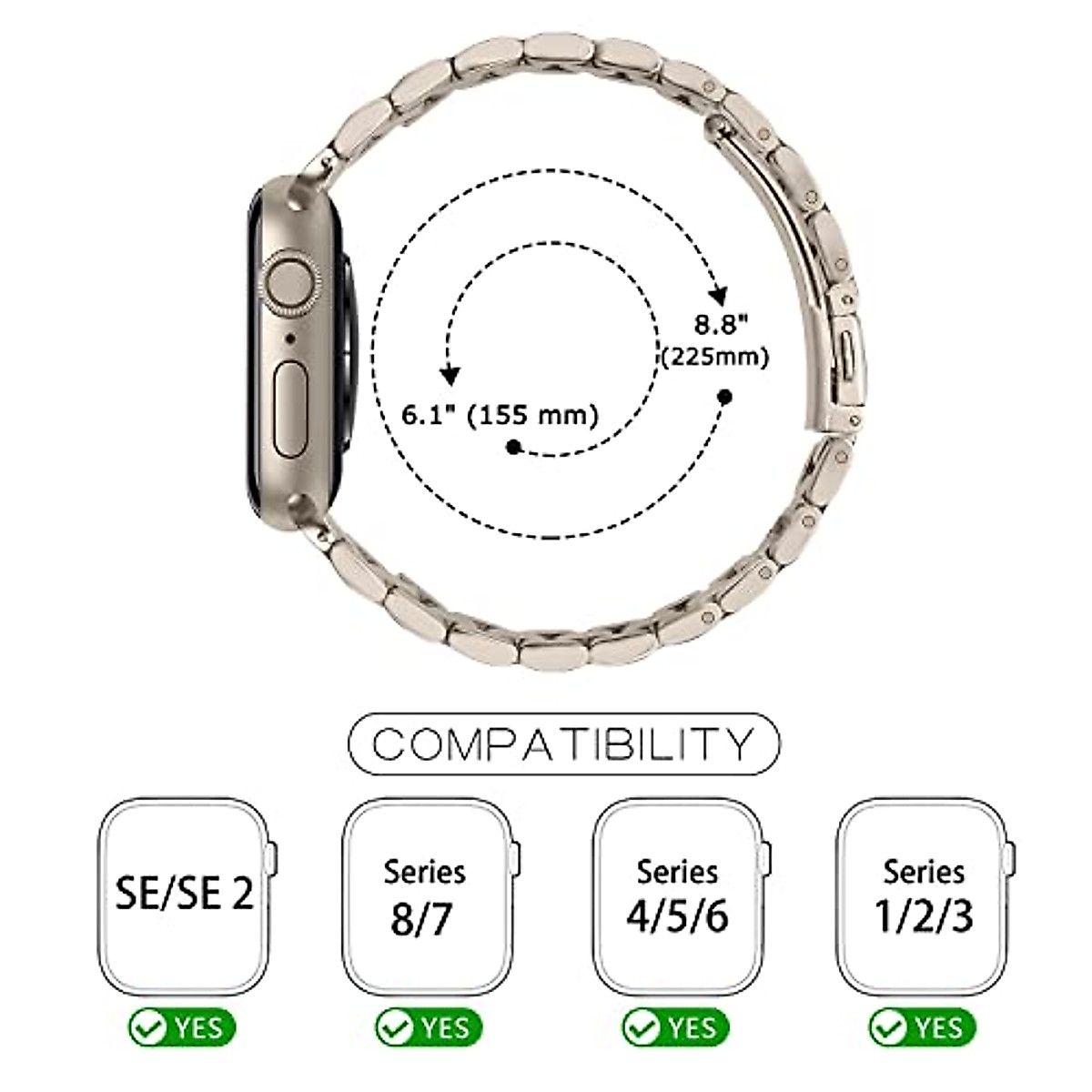 Tasikar Band Compatible with Apple Watch Band 41mm 40mm 38mm Premium Stainless Steel Metal Replacement Strap Compatible with Apple Watch Series 9 8 7 6 5 4 3 2 1 SE (Starlight)