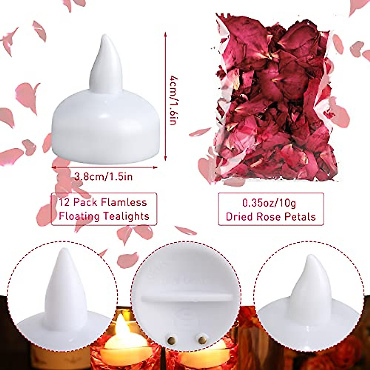 12 Pcs Flameless Floating Candles Tealights Valentine's Day Romantic Decor Waterproof Battery Candles with Dried Rose Petals for Birthday Anniversary Wedding Centerpiece SPA Party Supplies