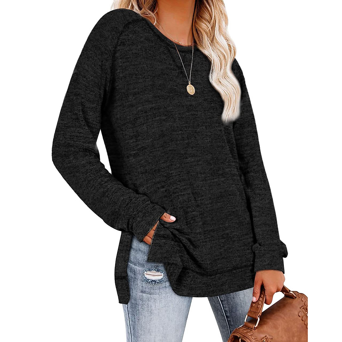 Aokosor Black Sweatshirts for Women 2024 Casual Fall Clothes Long Sleeve Tops Oversized XL