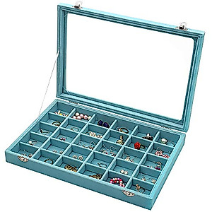 Sky Piea 30 Grid Velvet Glass Jewelry Box Jewellery Organiser Earring Ring Storage Holder Case Box (Sky Blue)