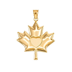 14k Yellow Gold Canadian Heart Maple Leaf Charm Pendant