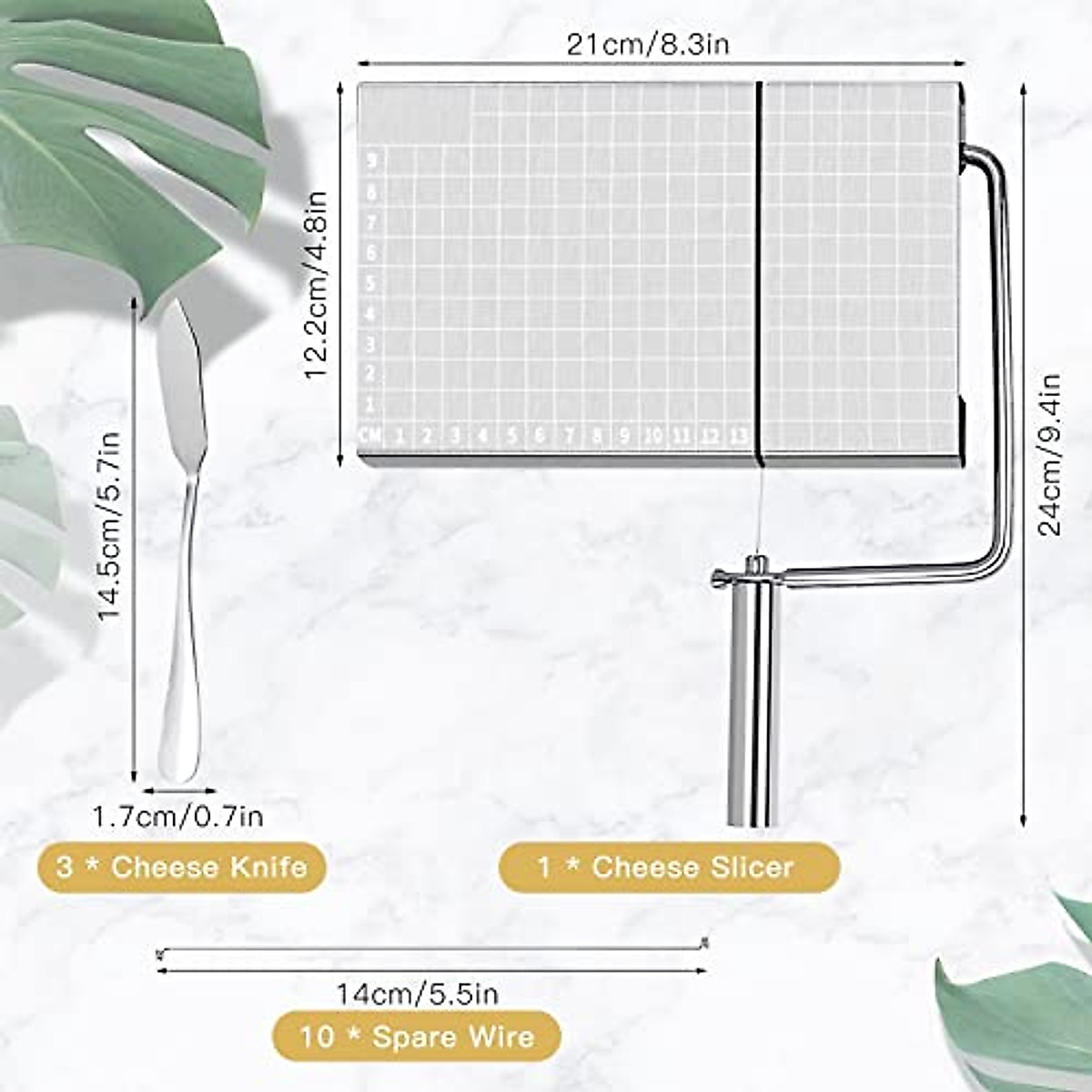 ZOCONE Cheese Slicer with Wire for Block Cheese, Stainless Steel Cheese Cutter with Accurate Size Scale, with 10 Replacement Wires & 2 Stainless Steel Multi-purpose Spreading Knives for Cheese Butter