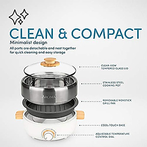 Aroma Housewares AMC-130 Whatever Pot, Indoor Grill, Cooking, Hot Pot with Glass Lid, Bamboo Handles, 2.5L, Stainless Steel/White