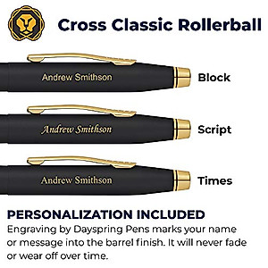 Dayspring Pens Cross Rollerball Pen | Engraved/Personalized Cross Classic Century Black Rollerball Pen with Gold Trim AT0085-110. Custom Laser Engraving of Your Personalized Gift Recipient's Name