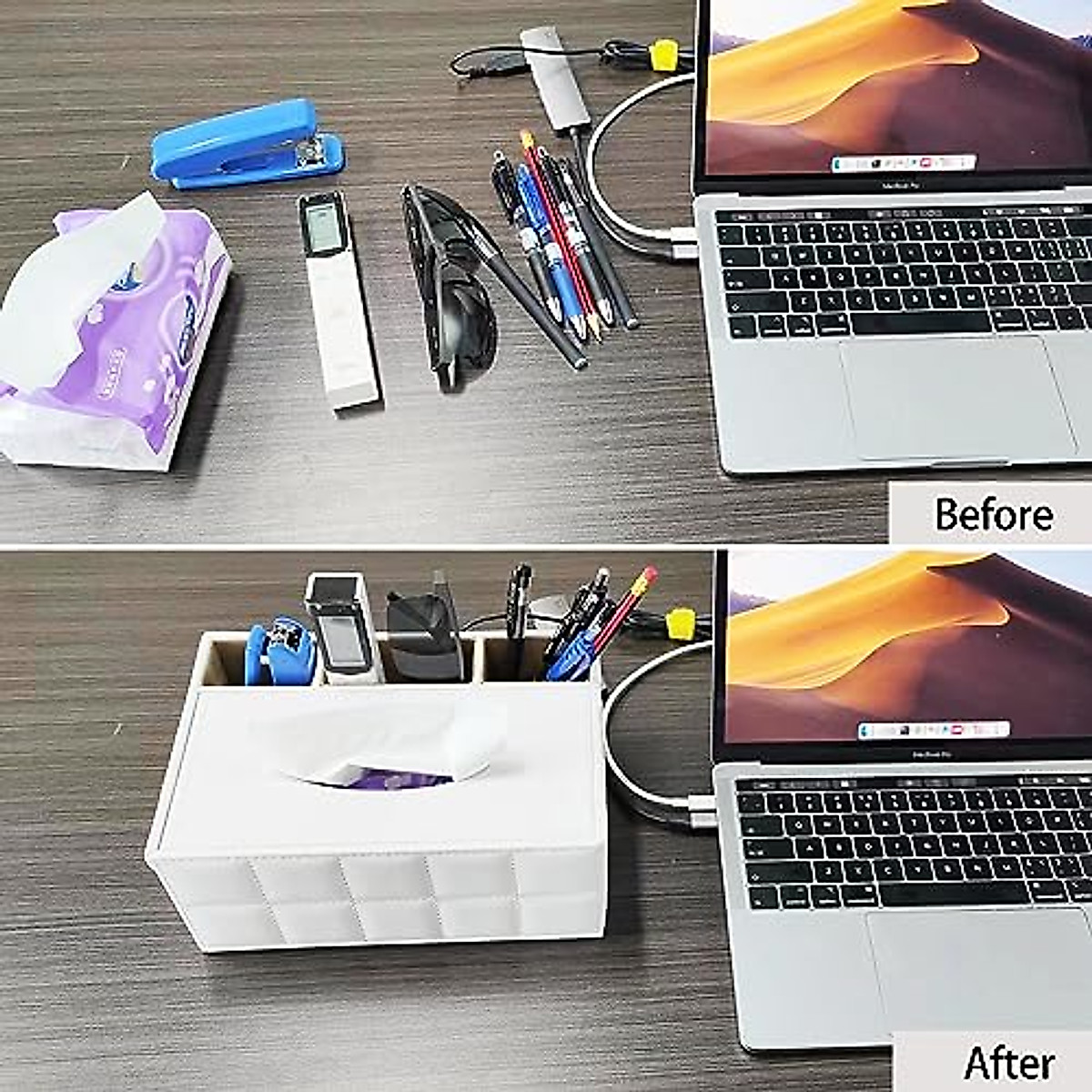 AOSFYSRR Rectangular Tissue Box Cover,Modern Tissue Storage Box,Multifunctional Tablet Stand Organizer with 3-compartments for Pens,Cellphone,Remote Control,Suit for Office/Home/Hotel (White Grid)