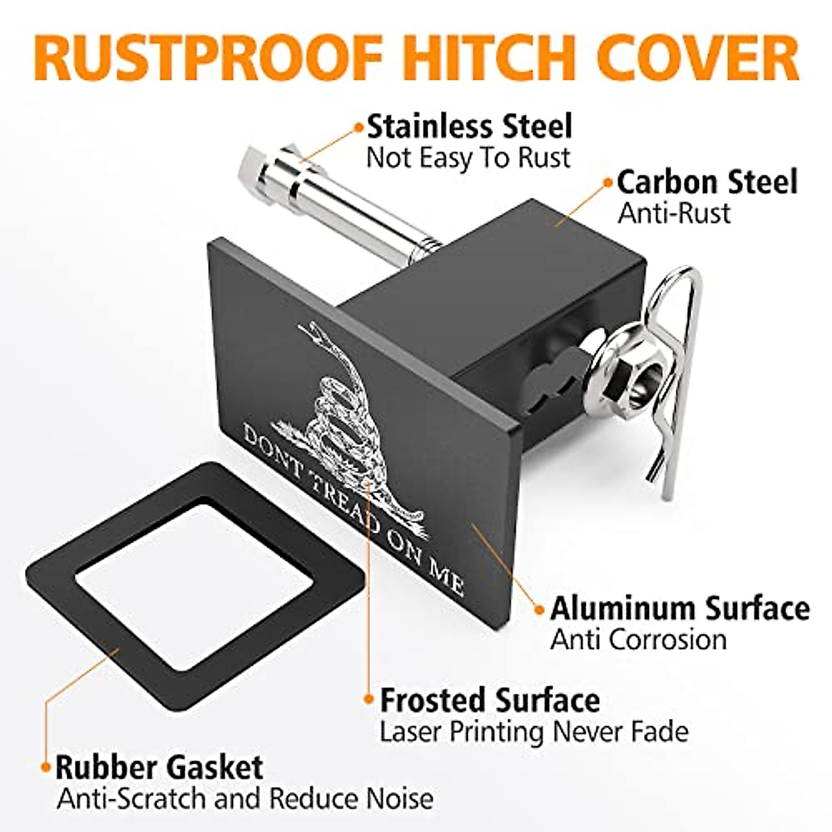 boslla Trailer Hitch Cover, Don't Tread On Me-Metal 2" Inch Tow Rear Receivers Plug Covers Black with Stainless Steel Pin Bolt for Trucks, RV, Cars