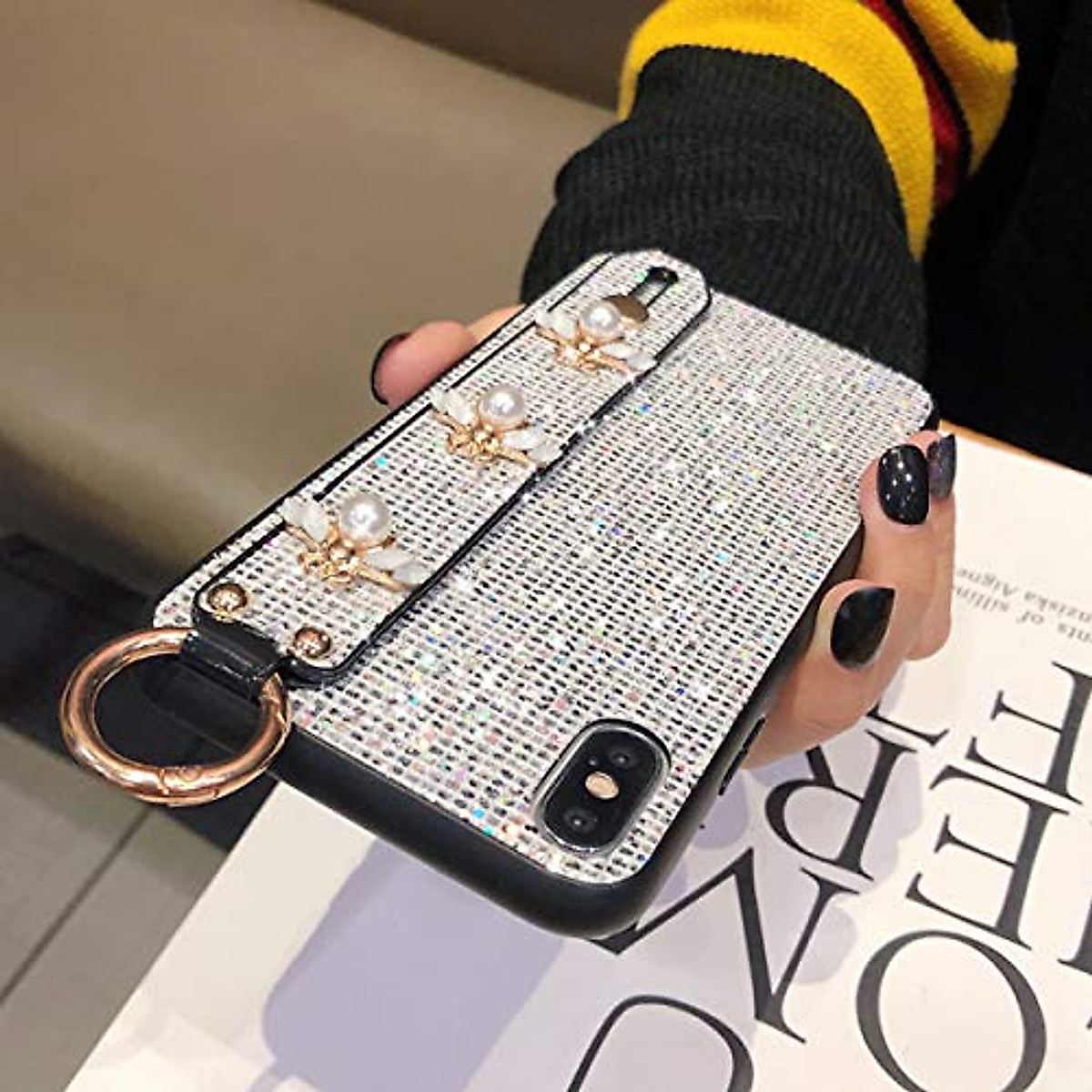 Aowner iPhone 14 Pro Max Case - Glitter Bling Stand, Luxury Hand Strap, Sparkle Pearl Bee Wrist Bracket, Silver