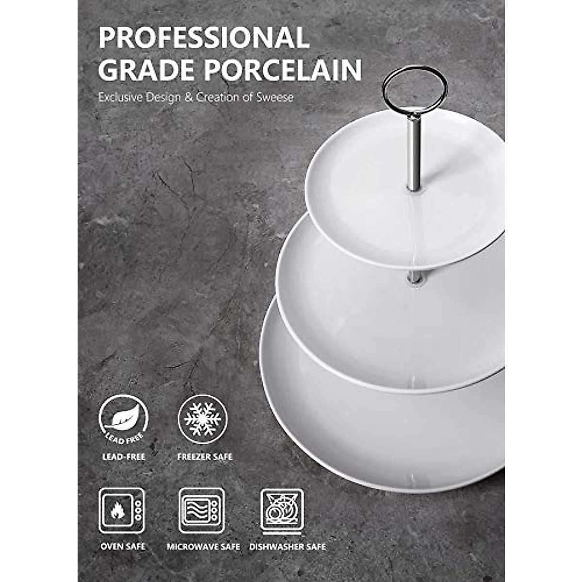 Sweese 735.101 3 Tier Cupcake Stand- White Porcelain Cake Stand- Dessert Stand, Tiered Serving Trays for Parties