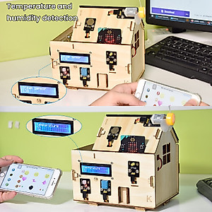 KEYESTUDIO Microbit Smart Home Starter Kit with Micro:bit V2, MakeCode Blocks & Python Code|Wireless Remote Control APP| Solar & Micro USB Charging|RGB,i2c LCD for Kids Coding