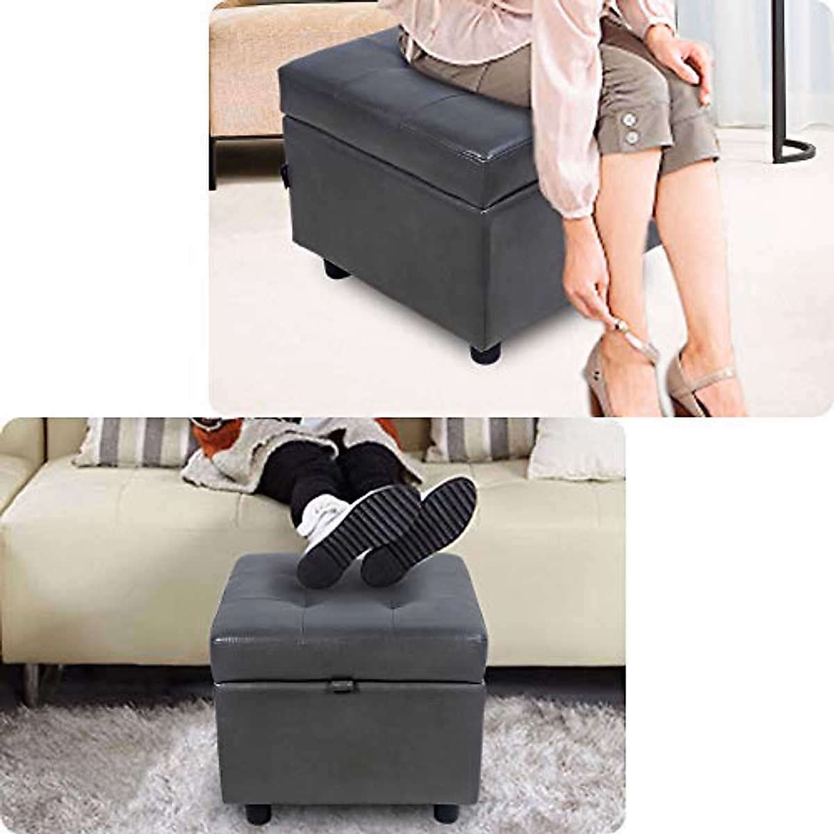 H&B Luxuries Tufted Leather Square Flip Top Storage Ottoman Cube Foot Rest (Grey with Storage)