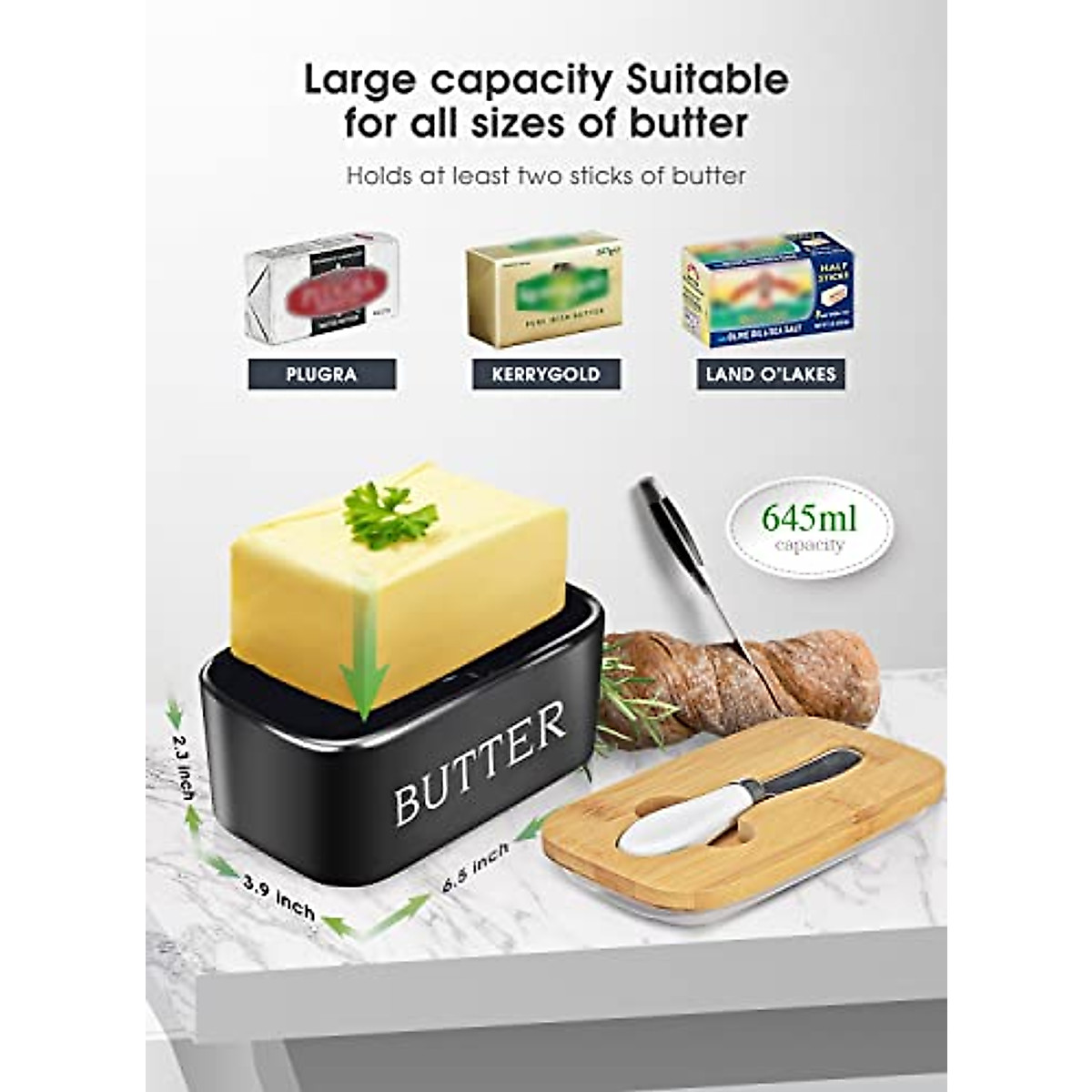 AISBUGUR Large Butter Dish with Lid Ceramics Butter Keeper Container with Knife and High- quality Silicone Sealing Butter Dishes with Covers Good Kitchen Gift Black