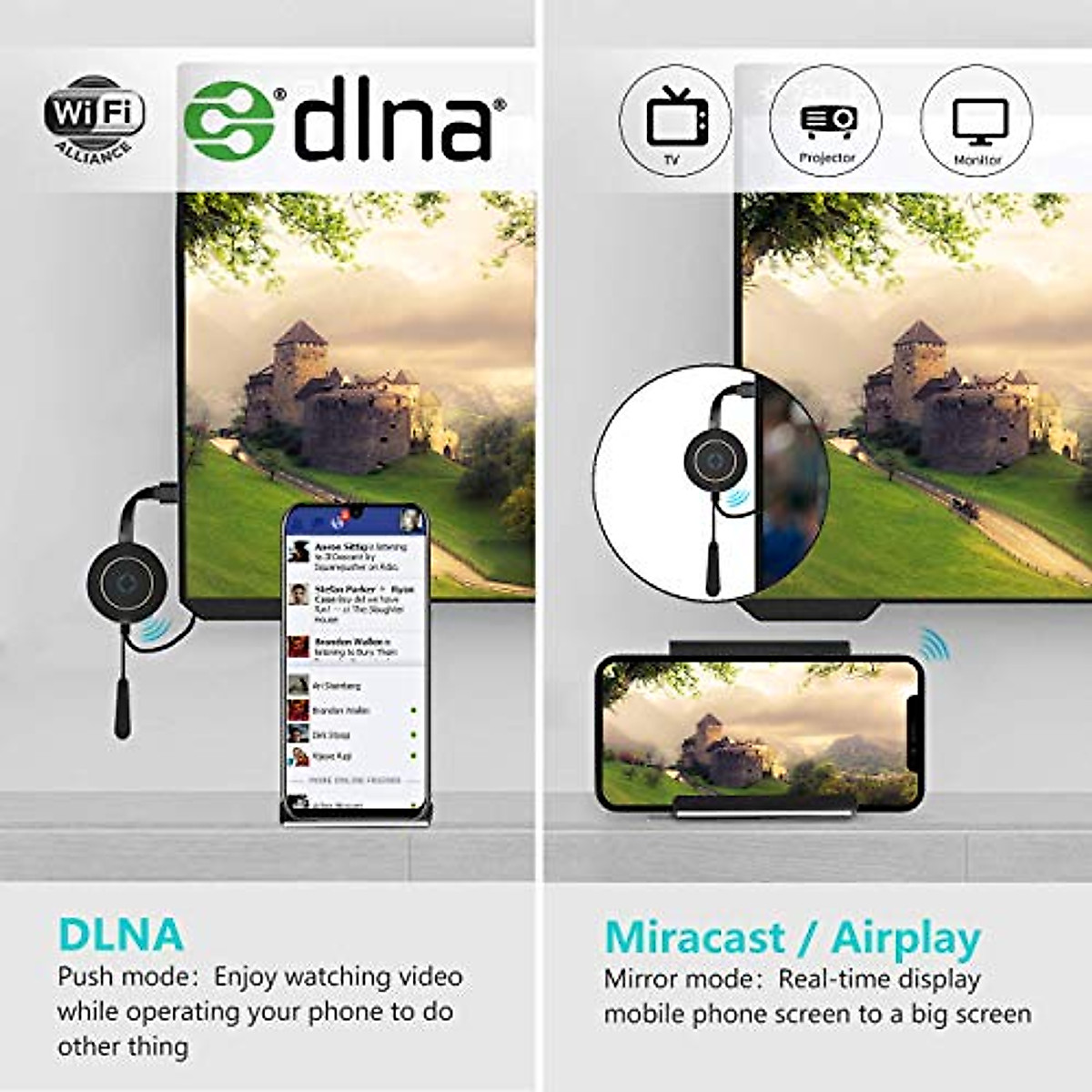 Wireless Display Dongle, 4K WiFi Portable Display Receiver 1080P HDMI Screen Mirroring Compatible with iPhone Mac iOS Android to TV Projector Support Miracast Airplay DLNA No Switching