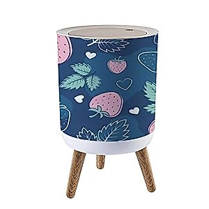 Small Trash Can with Lid Hand Drawn Strawberry Seamless Cartoon Fresh Berry with Hearts Pink Wood Legs Press Cover Garbage Bin Round Waste Bin Wastebasket for Kitchen Bathroom Office 7L/1.8 Gallon