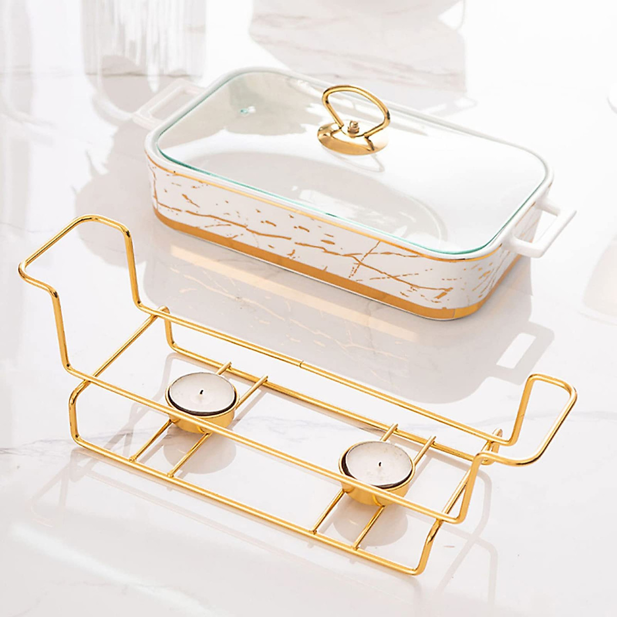 Ceramics Chafing Dish Buffet Set,Marble Finish Chafers and Buffet Warmers Sets,Food Warmer with Gold Accents,Rectangular Chafers Server with Glass Lid for Buffet Home Banquets Restaurant