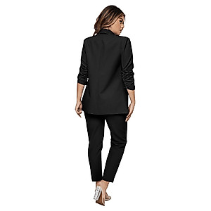 SweatyRocks Women's 2 Piece Solid Ruched Sleeve Blazer and Pants Business Office Suit Set Black L