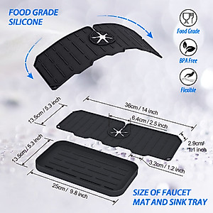 Deehas 2in1 Premium Silicone Kitchen Sink Splash Guard with Matching Sink Tray-3 Big Drains & a Hanging Hole, Perfect Faucet Handle Drip Catcher Tray, Counter Protector & Organizer-Black