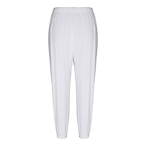 SUNYUAN Elastic Tie-up Waist Women's Trouses Comfy Cotton and Linen Ninth Pants with Pockets Summer Casual Button Front Pants White
