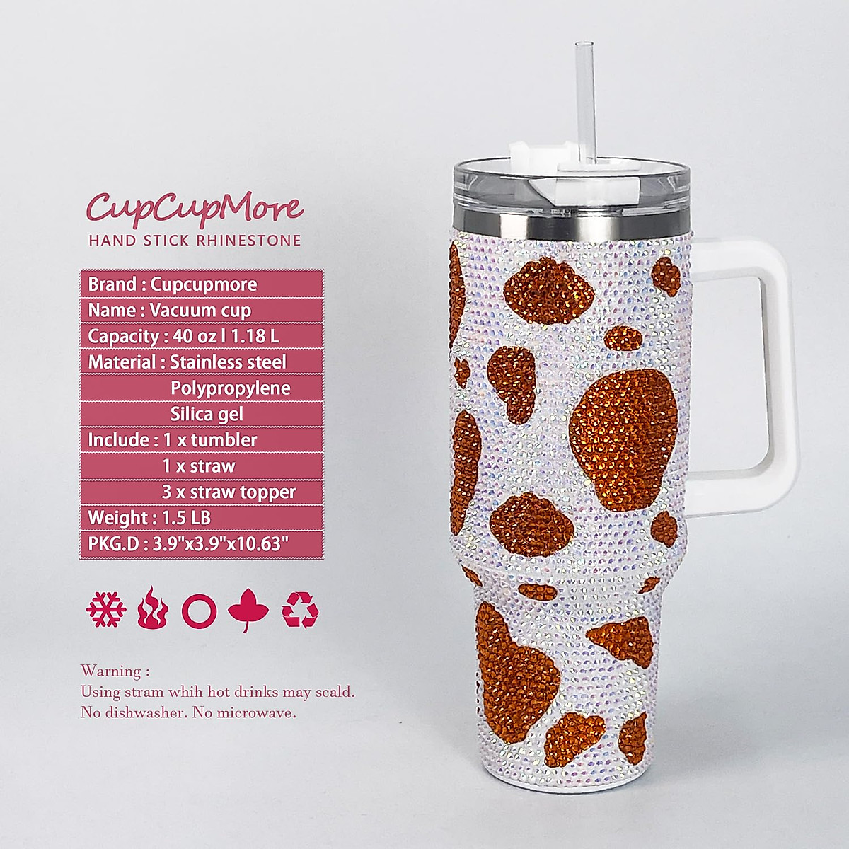 Cupcupmore 40oz Coffee Cow Bling Rhinestone Stainless Steel Sippy Tumbler Glitter Vacuum Insulated Water Bottle with Straw & Lid & Handle,Thermos for Hot & Cold Drinks,Car Cup Holder,Coffee