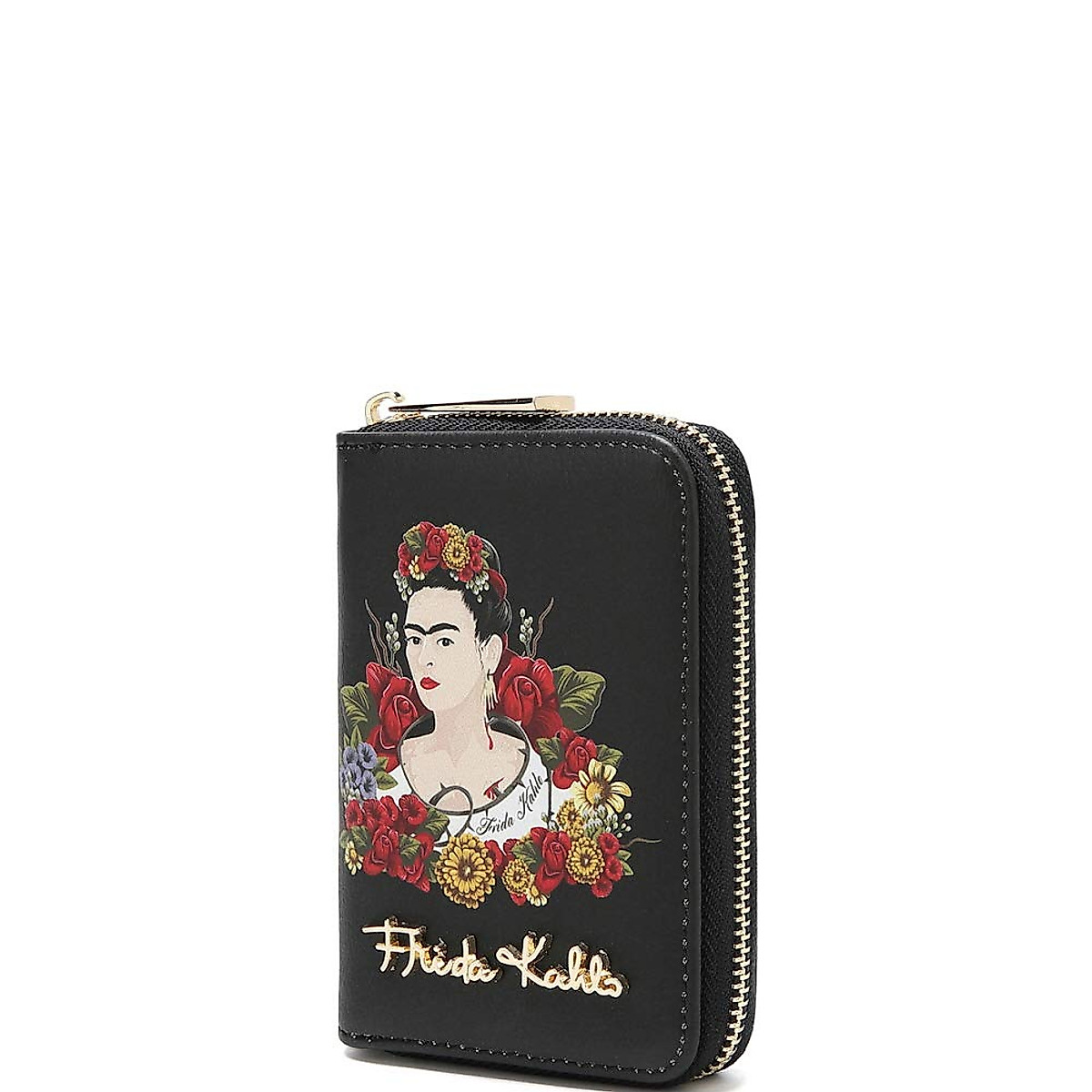 Authentic Frida Kahlo Cartoon Picture Print Small Medium Zip-around Wallet (Flower Theme - Black)