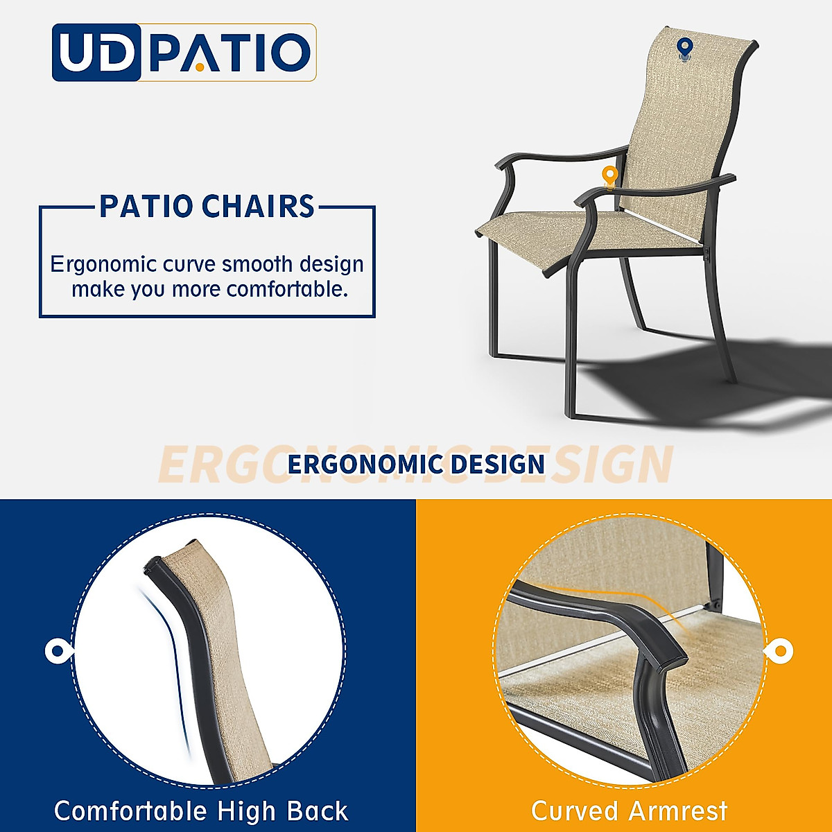 UDPATIO Patio Dining Chairs Set of 6, Outdoor Textilene Dining Chairs with High Back, Patio Furniture Chairs with Armrest, Metal Frame for Lawn Garden Backyard Deck, Brown