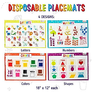 merka Disposable Placemats for Baby and Toddlers 12" x 18", 40 Pack Stick-on Table Mats for Restaurants, Includes Shapes, Numbers, Letter & Colors