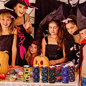 Zhehao 16 Pcs Halloween Can Cooler Sleeves Skinny Skull Bottle Cooler Neoprene Insulated Adult Halloween Party Favors Pumpkin Cat Spider Gift Alcohol Holder Beverage for Party Supplies (Stylish Style)