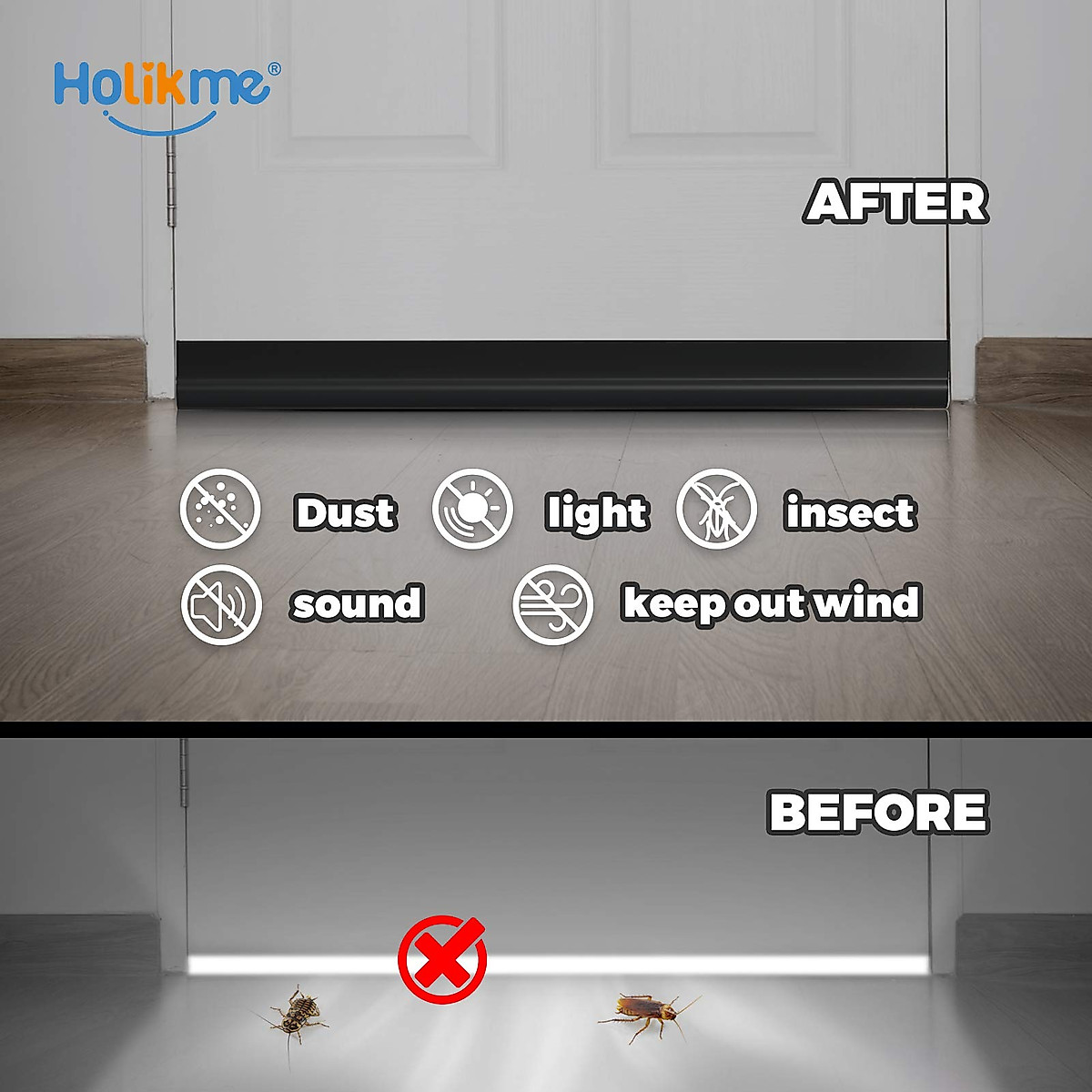 Holikme 2 Pack Door Draft Stopper Weather Stripping,Door Sweep,Adjustable Under Door Draft Blocker,Insulator, Suitable for Interior／Exterior Doors, 36” Length (Black)