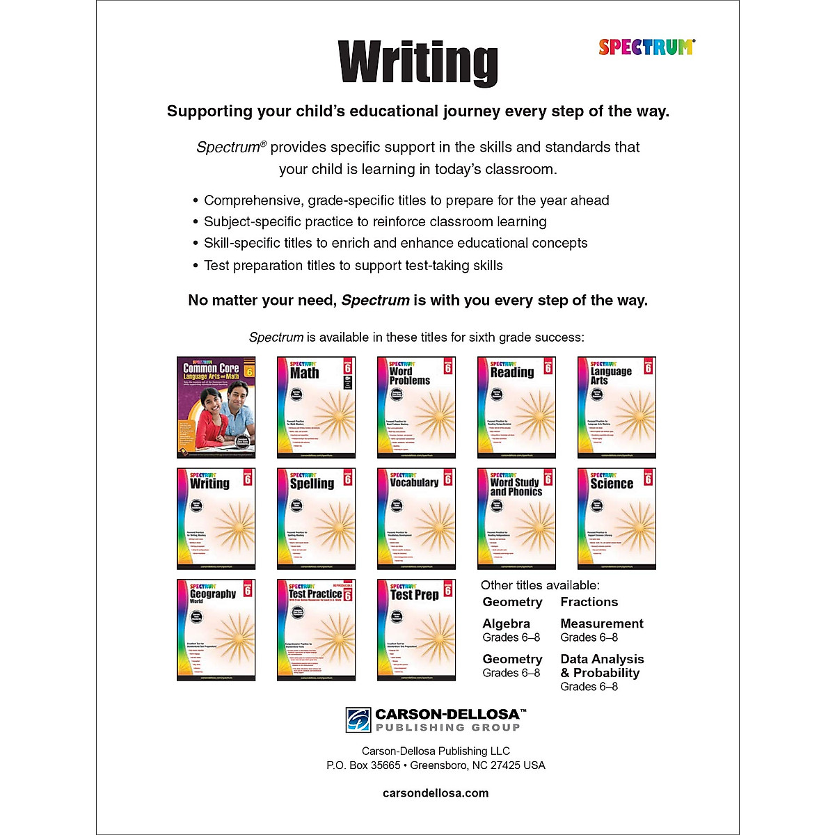 Spectrum 6th Grade Writing Workbooks, Ages 11 to 12, 6th Grade Writing, Informative, Argumentative, and Descriptive Story Writing Prompts, Writing Practice - 136 Pages