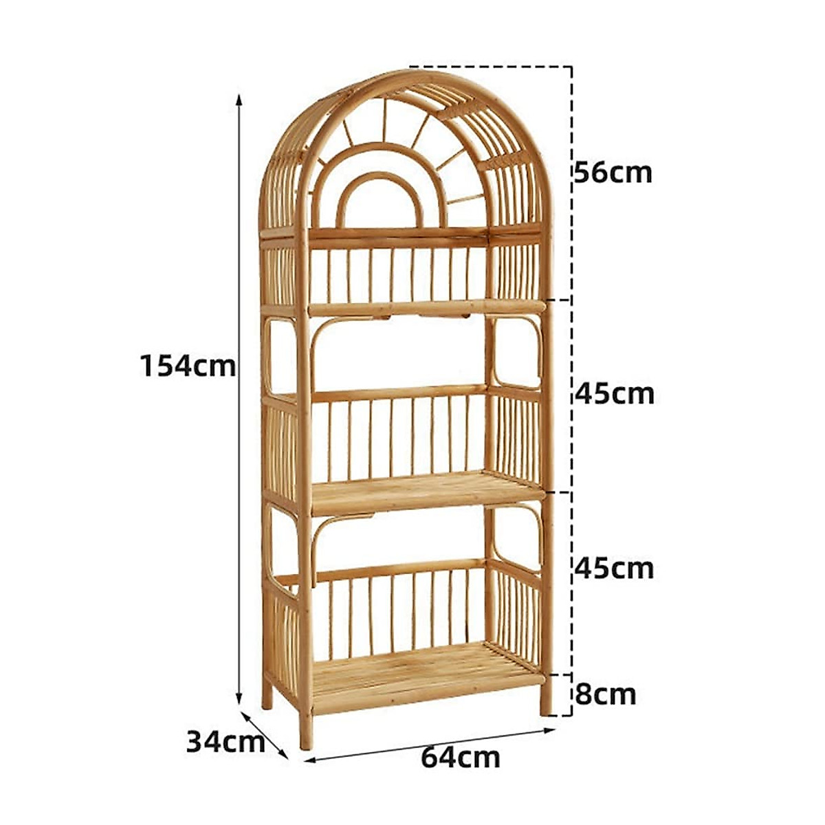 EESHHA Bookcase 4-Tier Arched Bookshelf, Rattan Tall Open Bookcase Storage Shelves, Wood Metal Freestanding Display Rack, Home Decor for Bedroom, Living Room