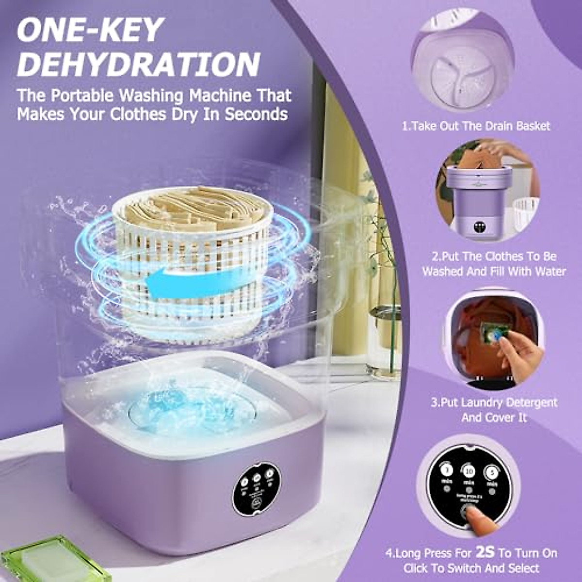 Portable Washing Machine,Small Portable Washing Machine 11L Capacity,Foldable Mini Washing Machine,3 Modes Mini Washer for Baby Clothes, Underwear Or Small Items, Apartment, Dorm, Camping, Travel P