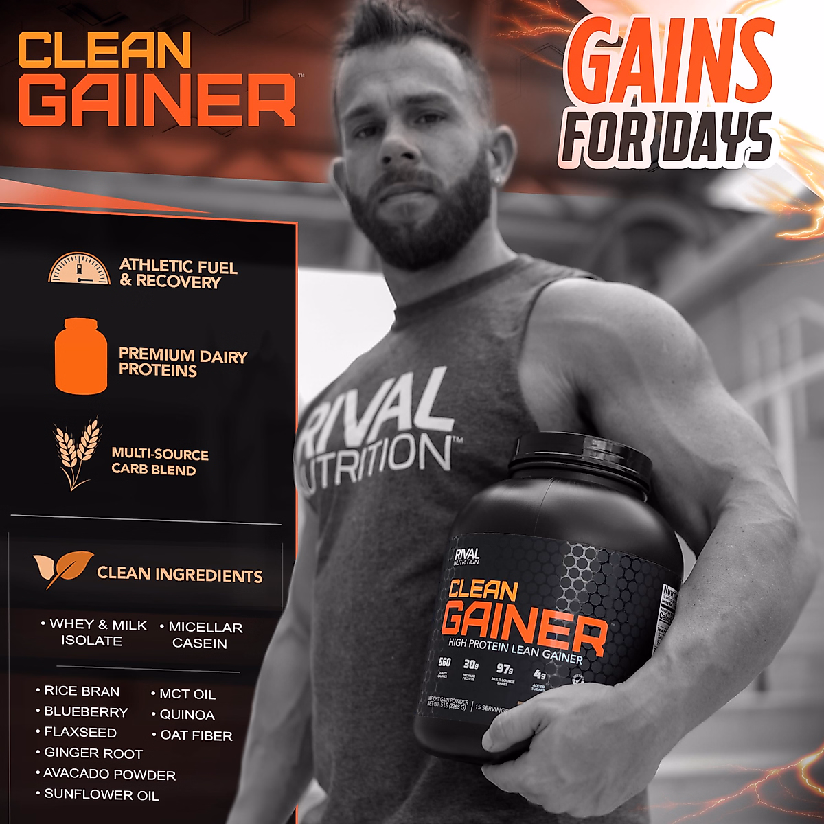 Rivalus Clean Gainer - Soft Serve Vanilla 10 Pound - Delicious Lean Mass Gainer with Premium Dairy Proteins, Complex Carbohydrates, and Quality Lipids, No Banned Substances, Made in USA